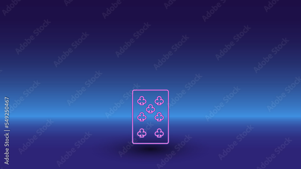 Neon seven of clubs playing symbol on a gradient blue background. The ...