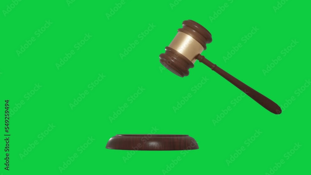 Closeup of striking wooden judge gavel, 3D animation, side view, green ...