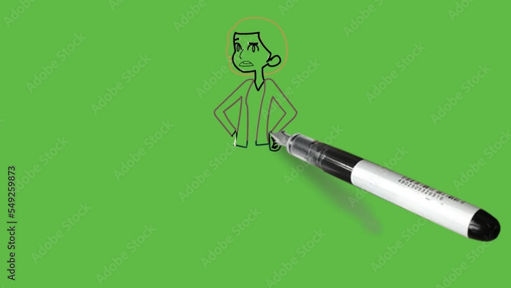 Draw young girl in tired face standing straight hold her both hands on ...