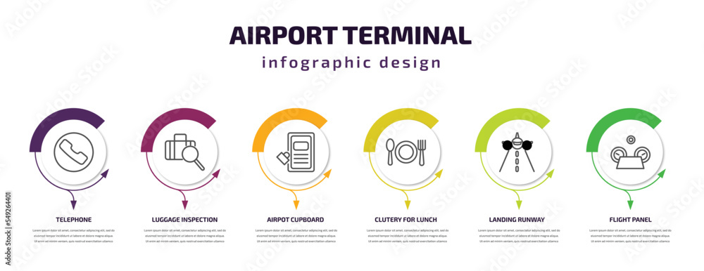 airport terminal infographic template with icons and 6 step or option ...