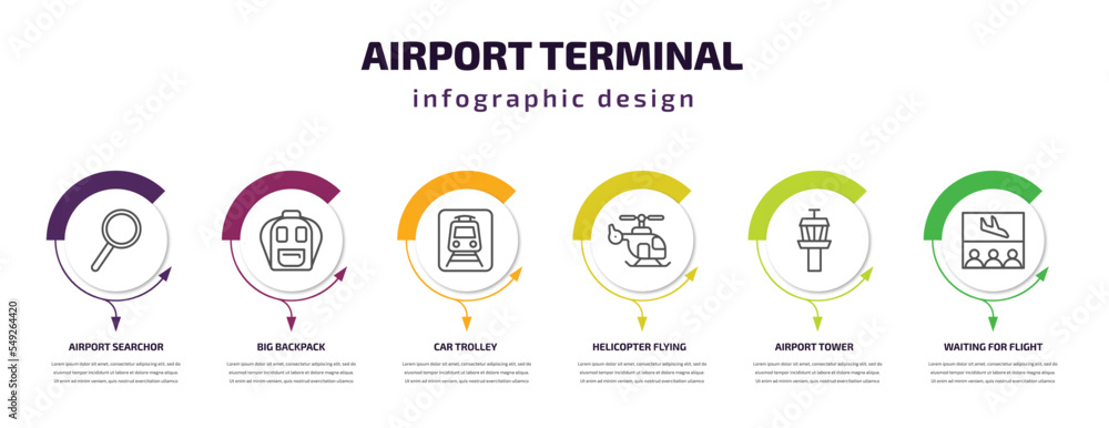 airport terminal infographic template with icons and 6 step or option ...