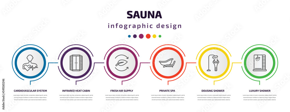 sauna infographic template with icons and 6 step or option. sauna icons ...