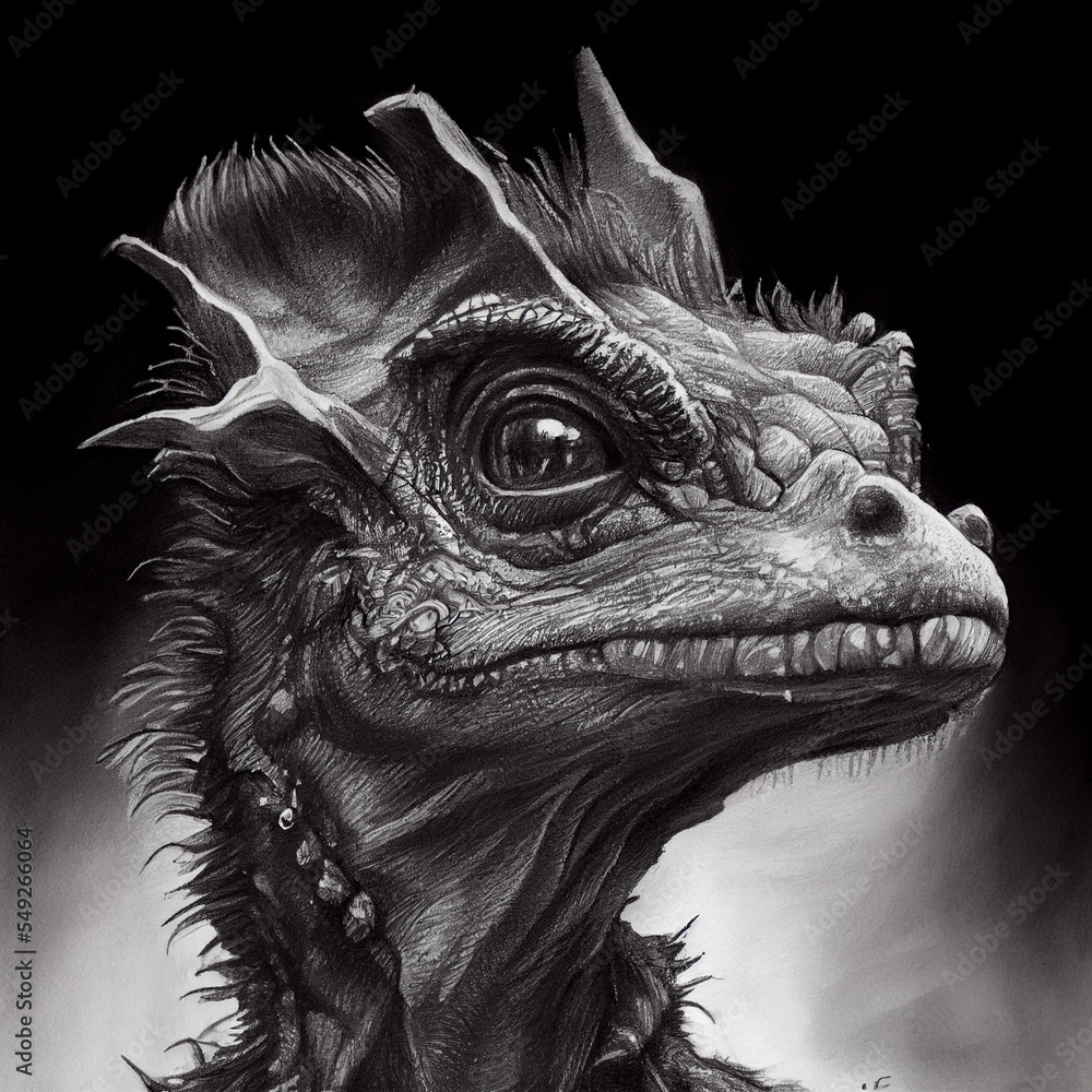 Phantasy lizard dragon mixture animal, handdrawn, black and white Stock ...