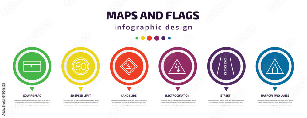 Vetor de maps and flags infographic element with icons and 6 step or ...