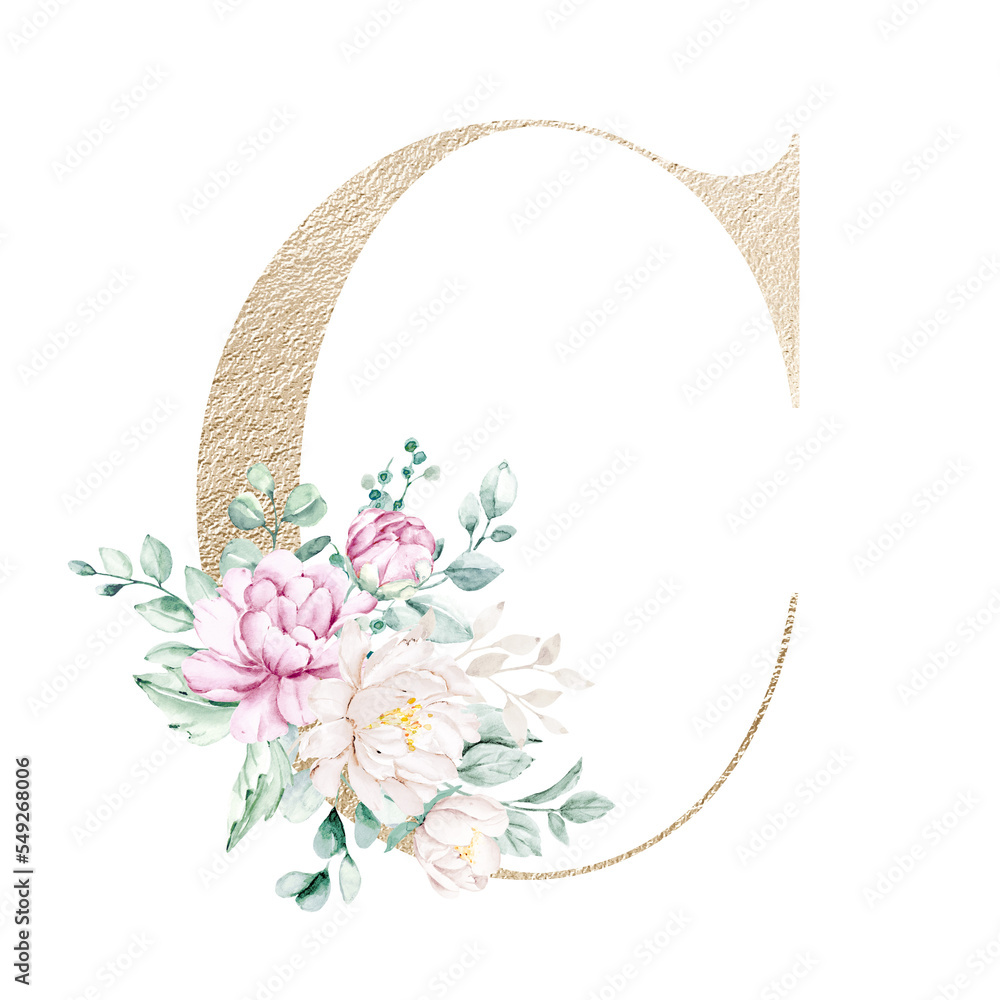 Floral alphabet, gold letter C with watercolor flowers and leaf ...