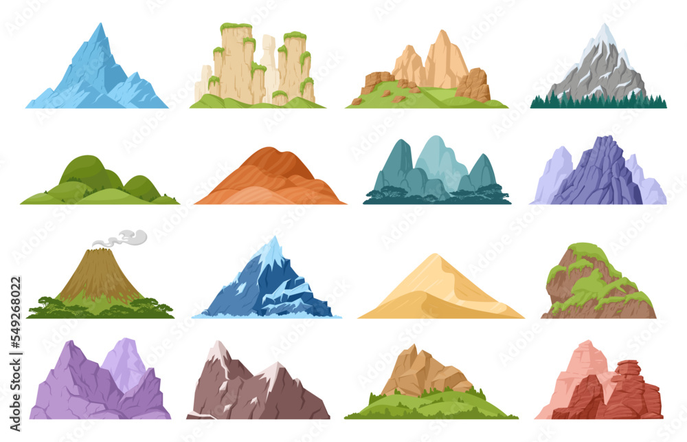 Cartoon mountains, hill tops and mountain snowy peak. Outdoor ...