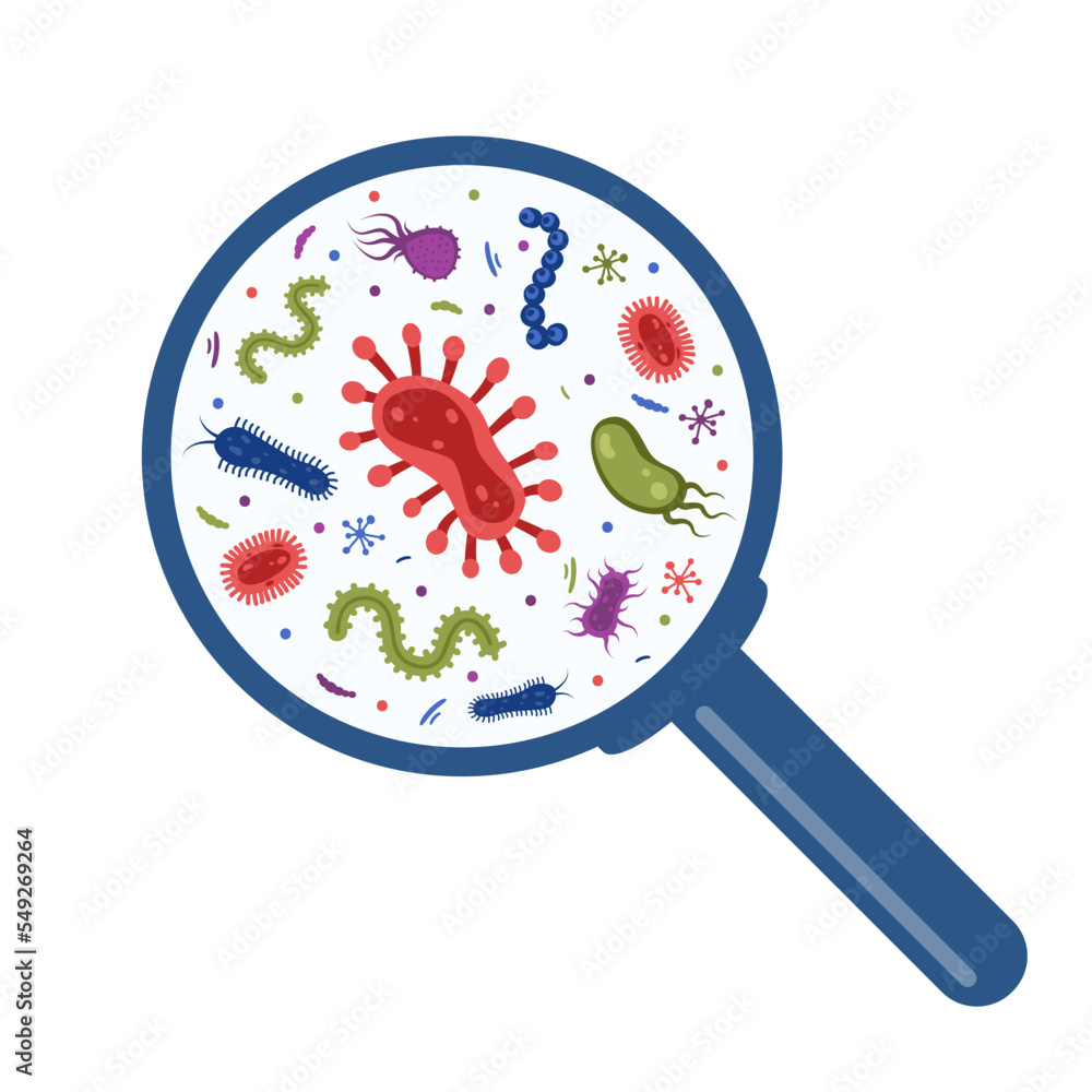 Different bacteria, pathogenic microorganisms under a magnifying glass ...