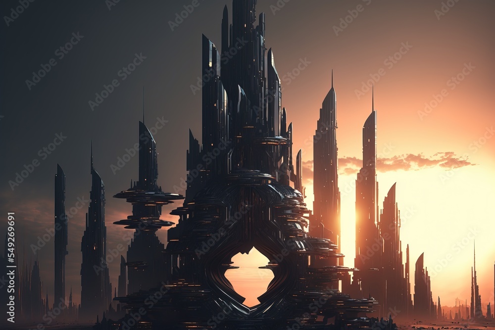 Futuristic city. Alien city made from vendetta black obsidian. Stock ...