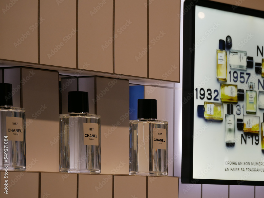 Chanel luxury perfume bottle in a department store window in Paris ...