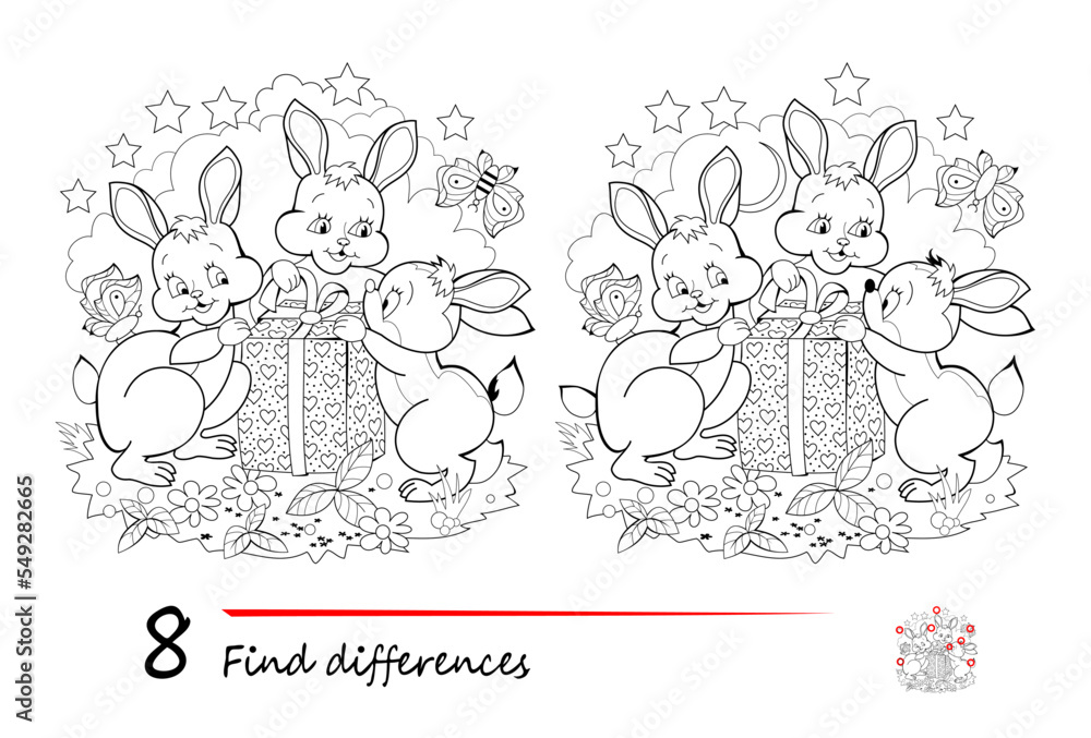 Find 8 differences. Black and white illustration of cute Easter bunnies ...