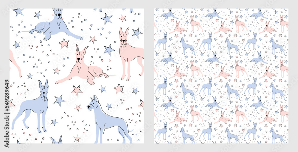 Pattern design with funny Great Dane dogs doodles, sketch style ...