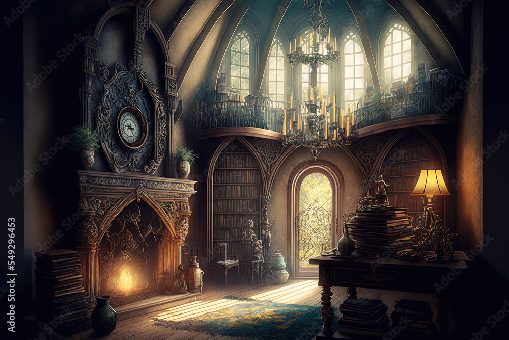 A mystical interior of an old manor with a fireplace, large windows and ...