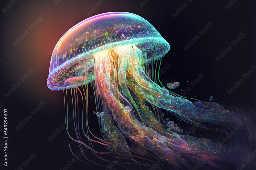 Bioluminescent rainbow jellyfish underwater on at night. Transparent ...