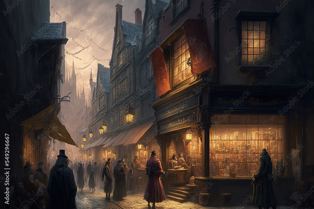 Concept art of medieval London streets, with lights coming from inside ...