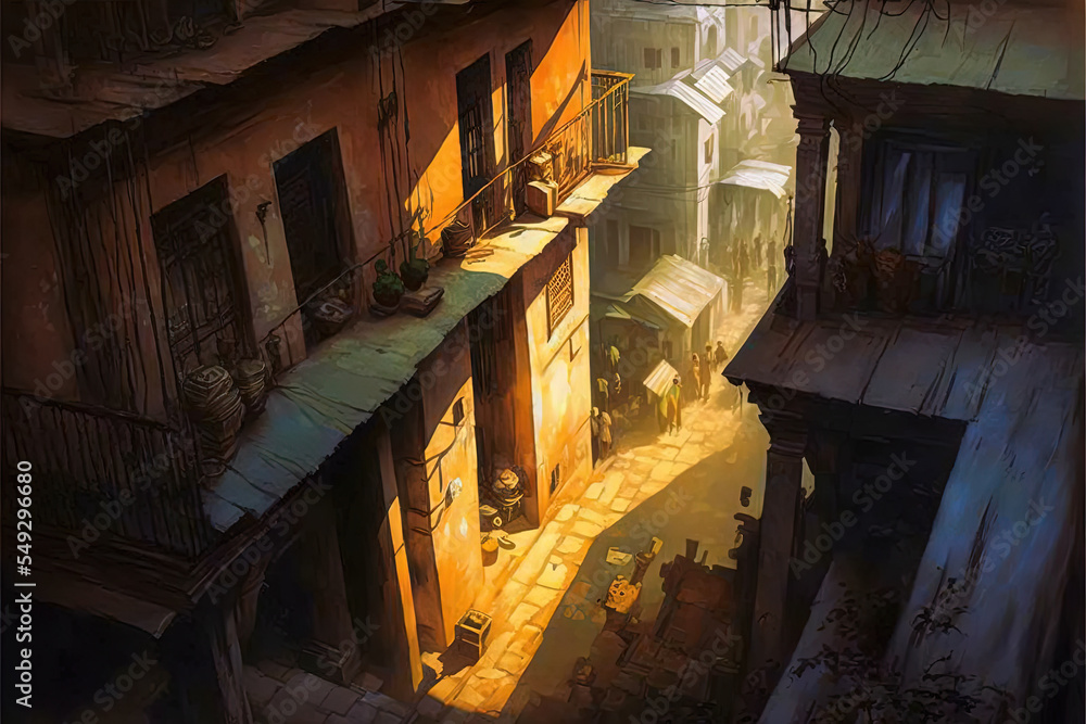 Indian housing crisis in a concept art. Top down view digital painting ...