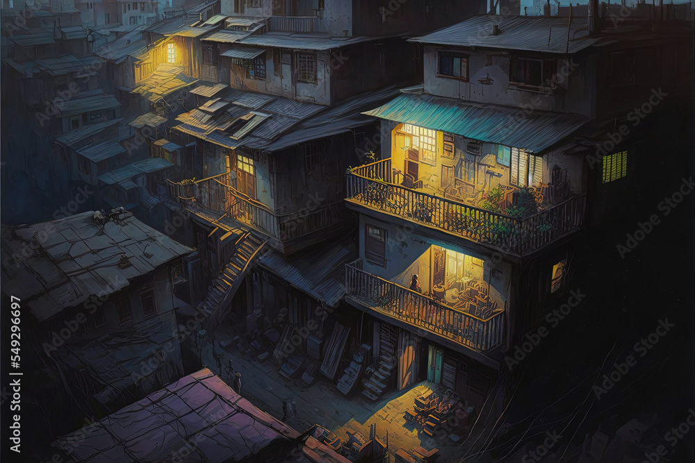 Aerial view watercolour digital painting of Bombay slums. Poverty in an ...