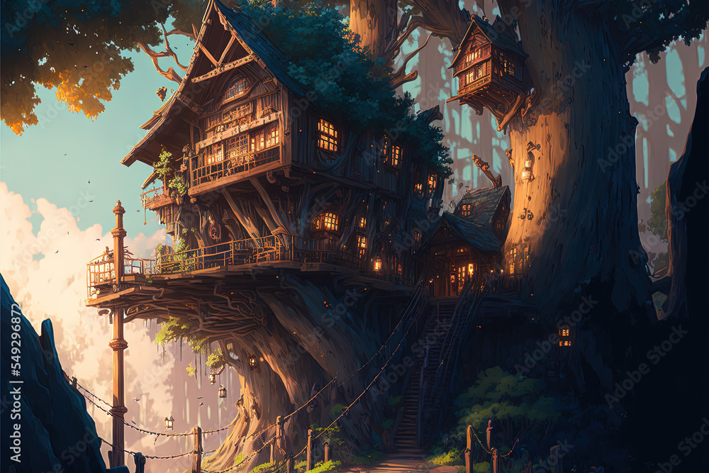 Tiny cute fairy cottages in the trees, in a magical forest with ...