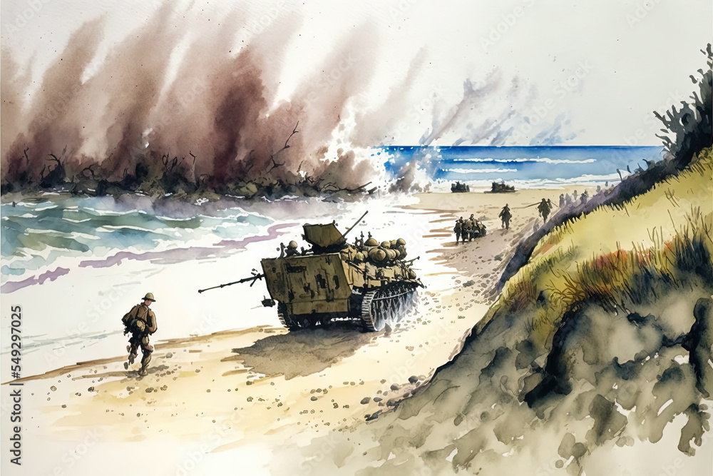 Normandy Beach during WW2. Invasion and storming by soldiers and ...