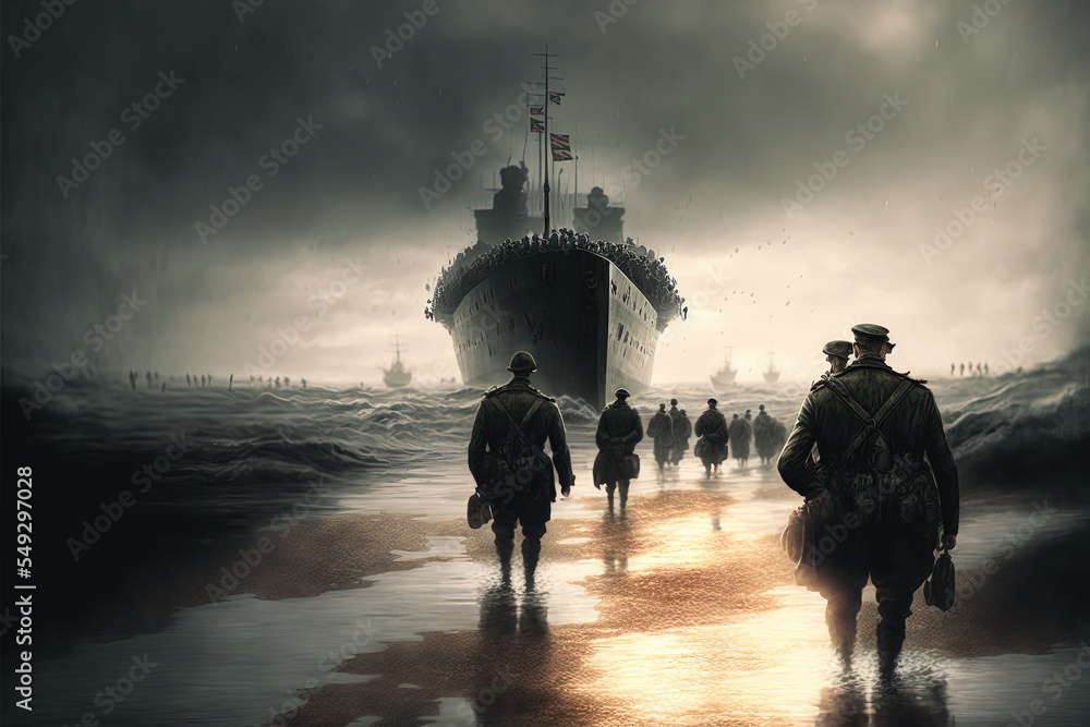 Aftermath of the WW2 battle of Normandy. Silhouettes of soldiers ...