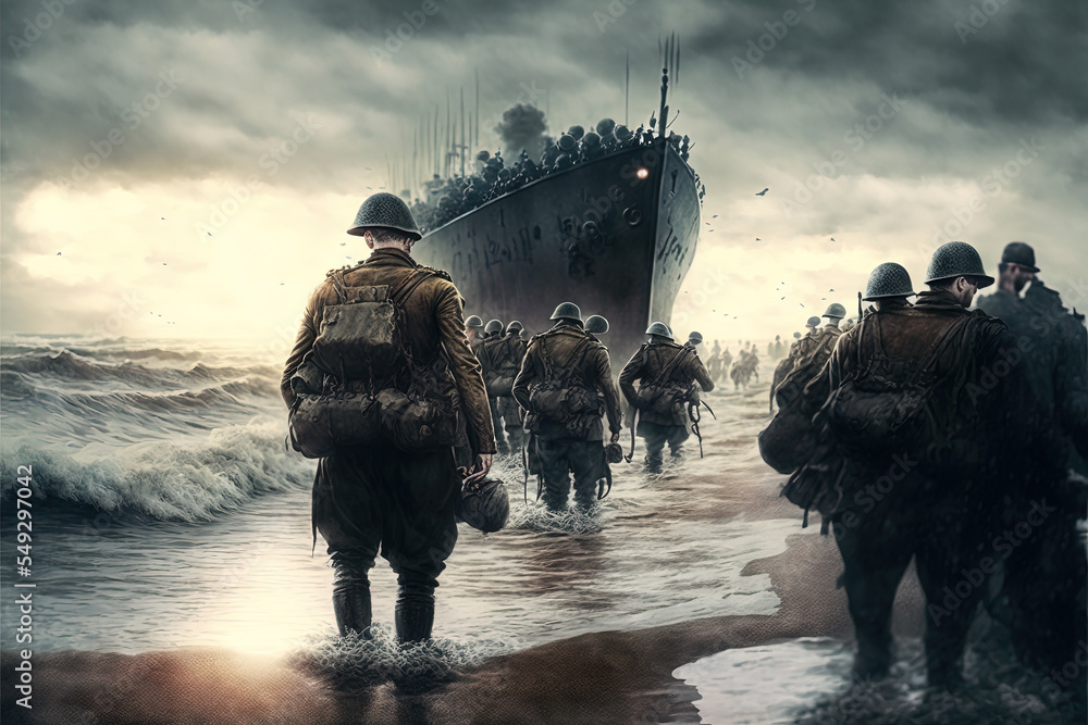 Aftermath of the WW2 battle of Normandy. Silhouettes of soldiers ...