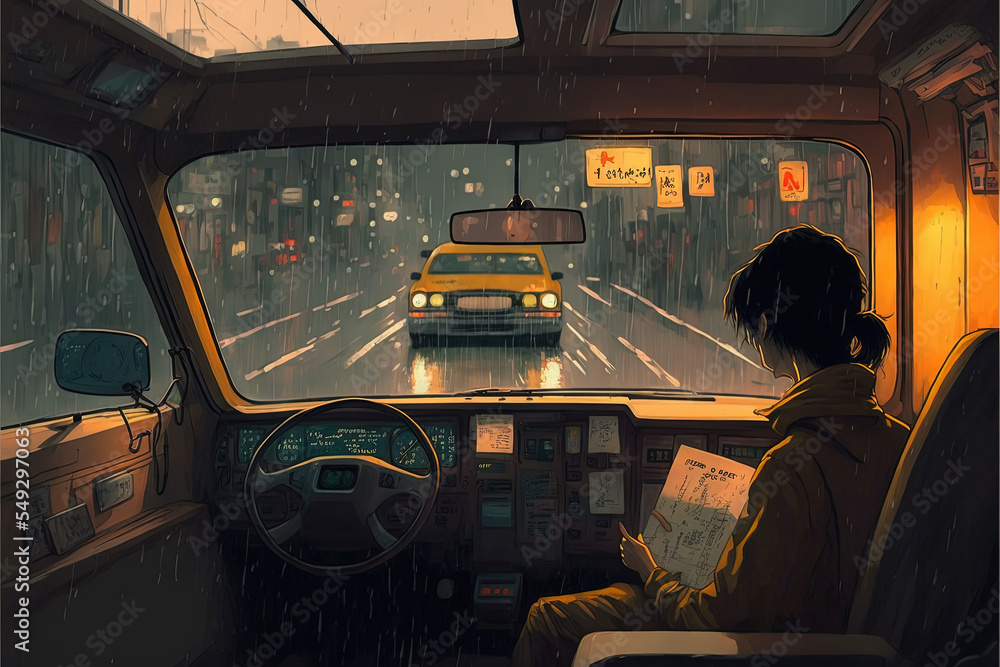 Manga style cartoon illustration of a girl sitting inside of a self ...