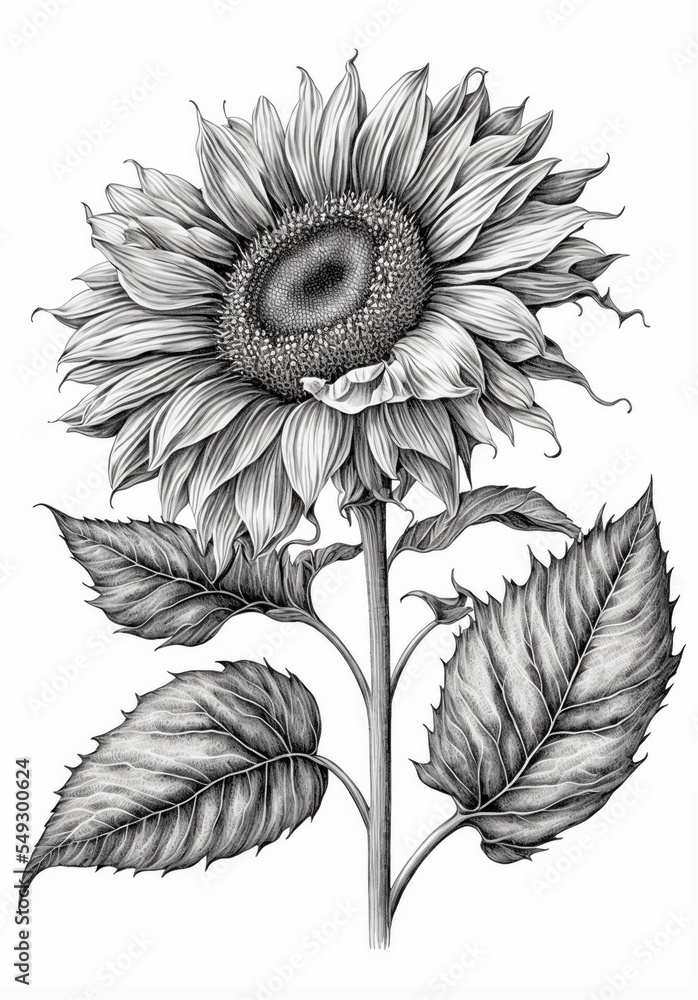 A sunflower drawing with leaves on its stem and a large sunflower in ...