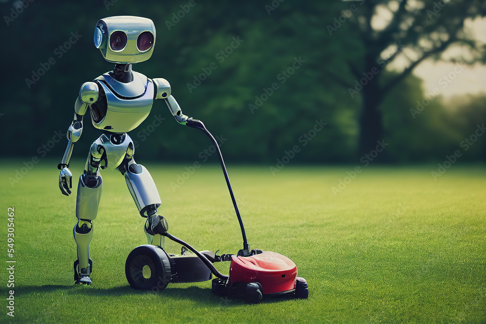 Shiny futuristic humanoid robot mows the grass with a lawn mower on a ...