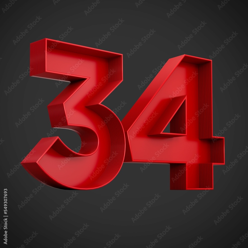 3d rendering of the number thirty-four in red over the black background ...