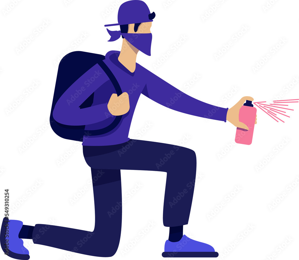 Anonymous graffiti artist with spray paint semi flat color vector ...