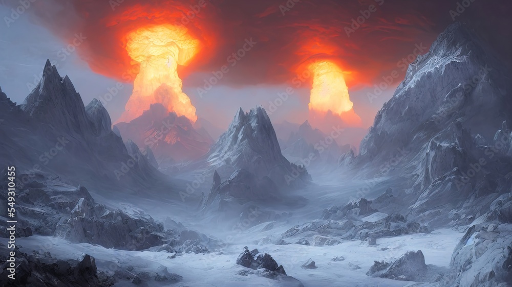Unreal fantasy mountain landscape with volcanic eruption. Gloomy night ...
