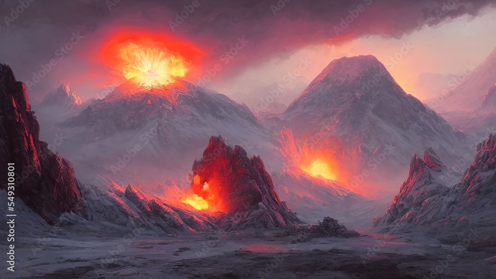 Unreal fantasy mountain landscape with volcanic eruption. Gloomy night ...