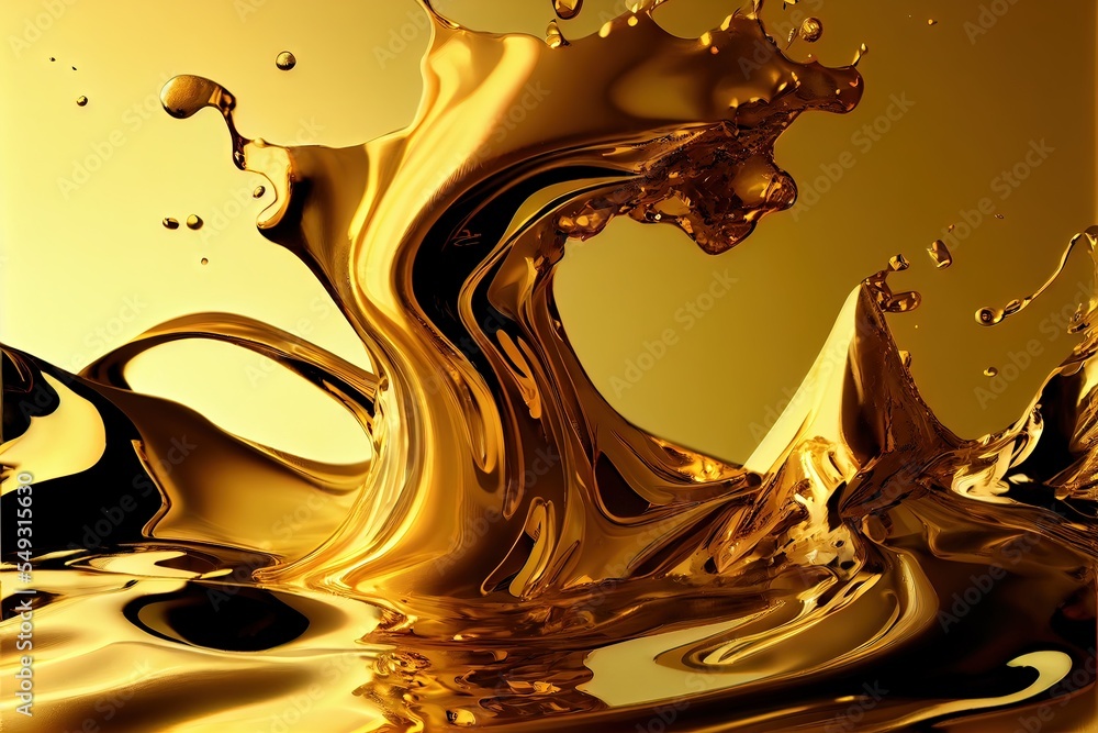 Computer-generated image of flowing liquid metal 24k gold. Golden ...