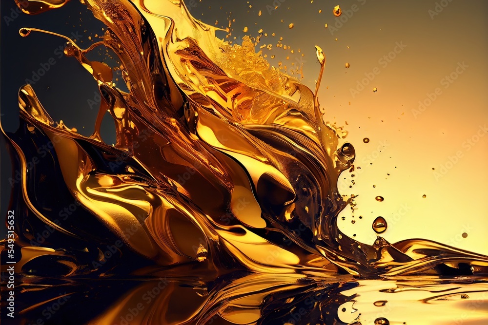 Computer-generated image of flowing liquid metal 24k gold. Golden ...