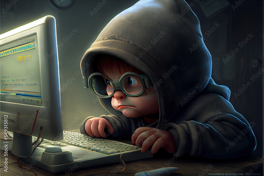 Computer-generated image of a computer hacker. Cyberpunk setting with ...