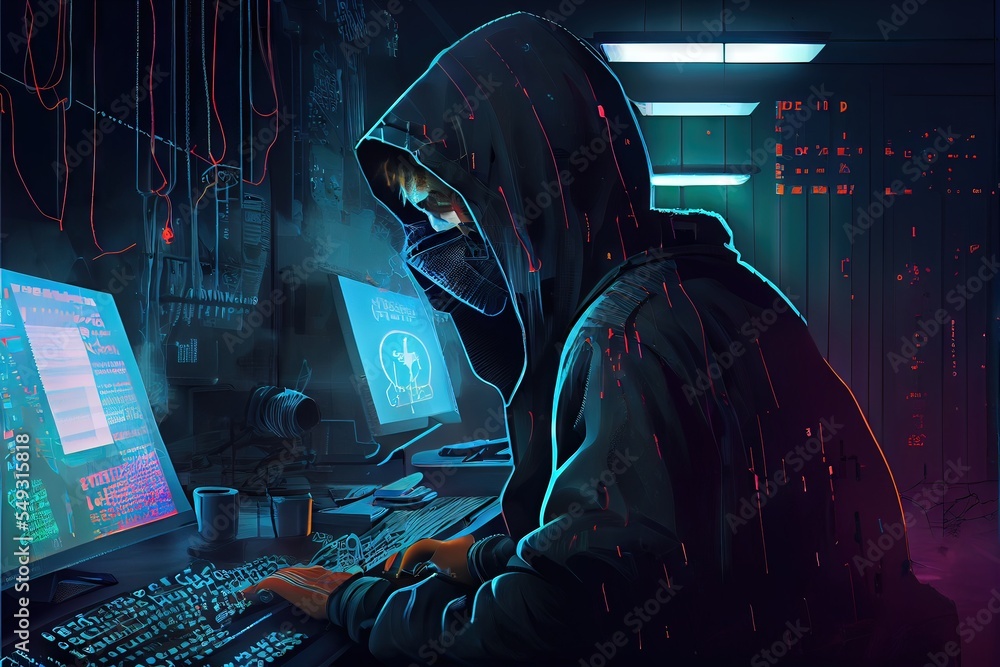 Computer-generated image of a computer hacker. Cyberpunk setting with ...