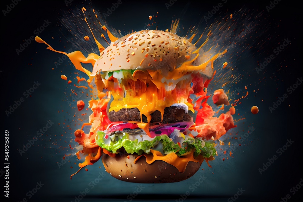 Computer-generated image of exploding cheeseburger. Photorealism and 3D ...
