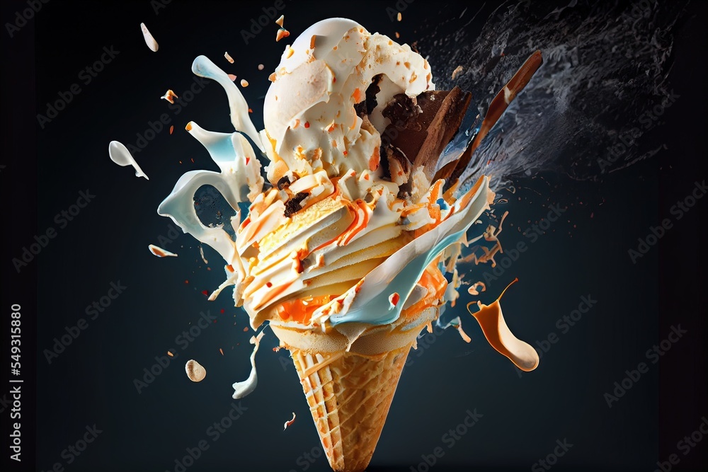 Computer-generated image of exploding ice cream cone, Photorealism and ...