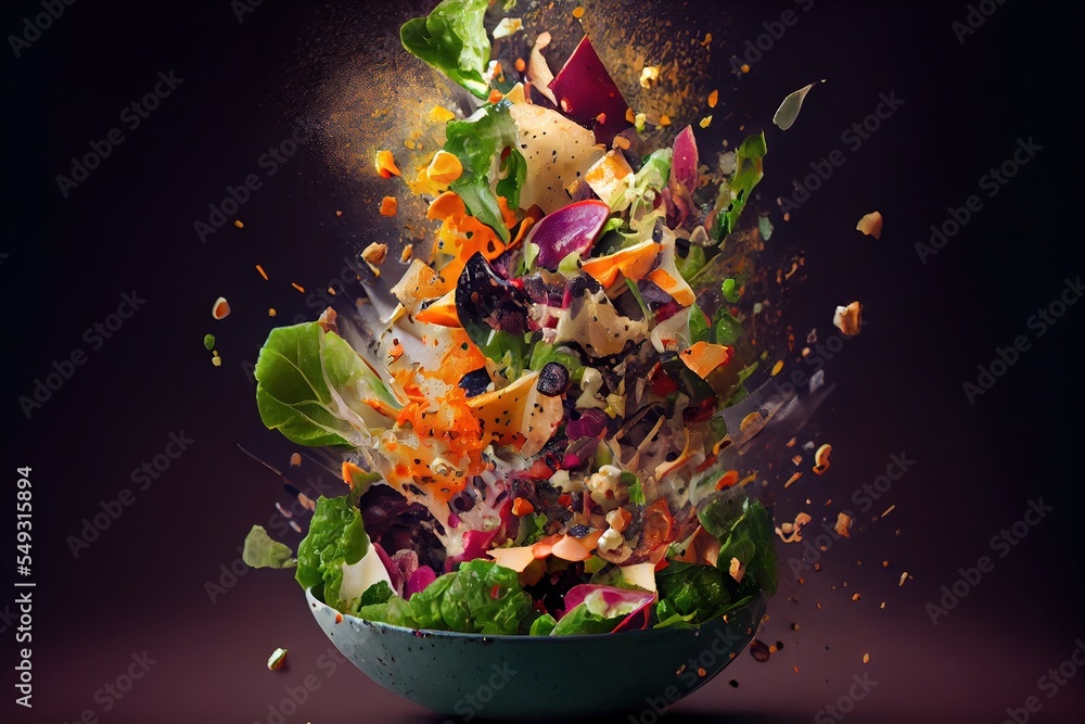 Computer-generated image of exploding salad. Photorealism and 3D ...