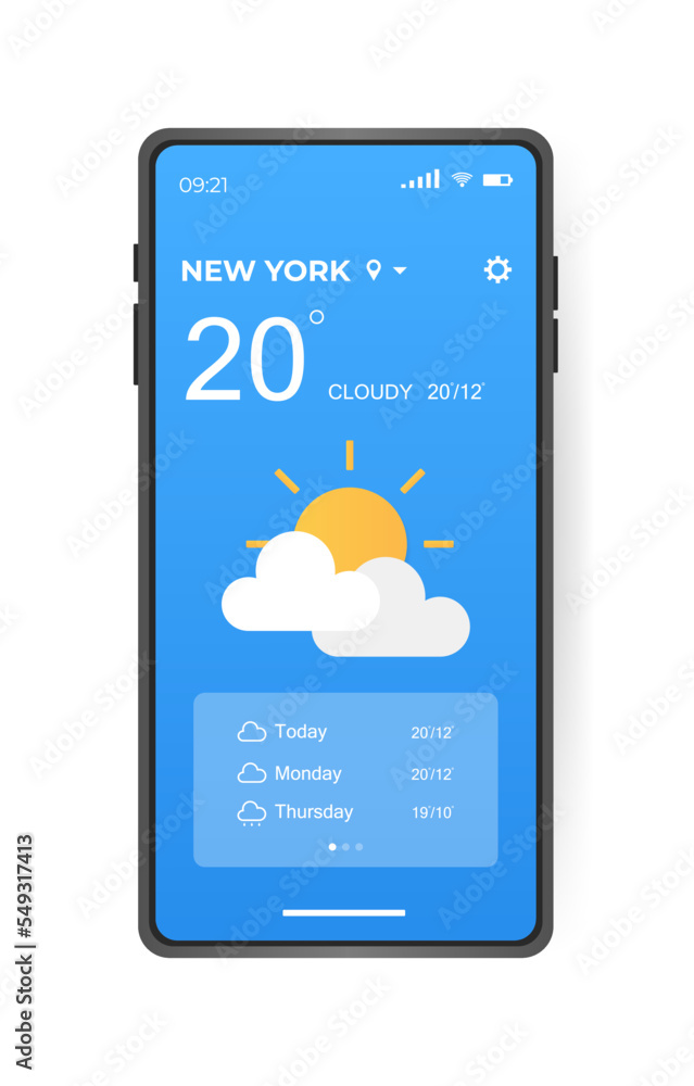Mobile weather app interface design. GUI elements for weather forecast ...