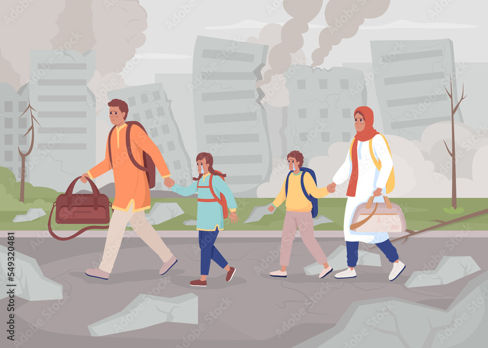 Family getting out of war-torn city flat color raster illustration ...