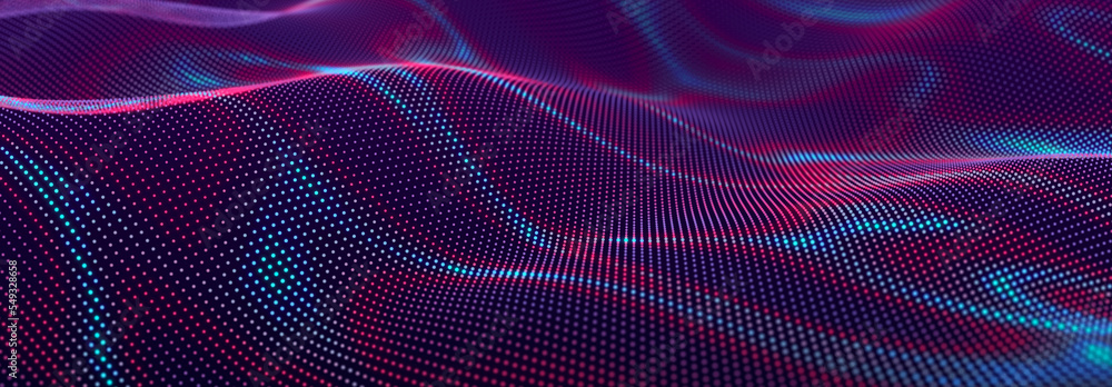 Particle stream. Purple background with many glowing particles ...