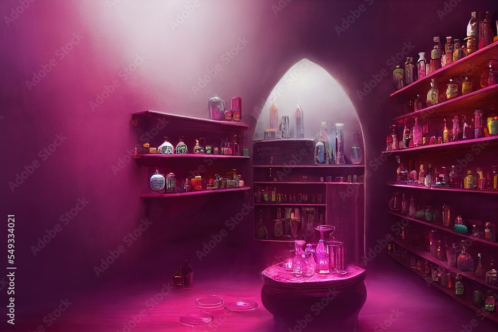 old pink room, wall with shelves, many potions on shelves, gloving ...