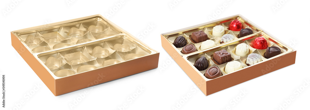 Full and empty candy boxes on white background. Banner design Stock ...