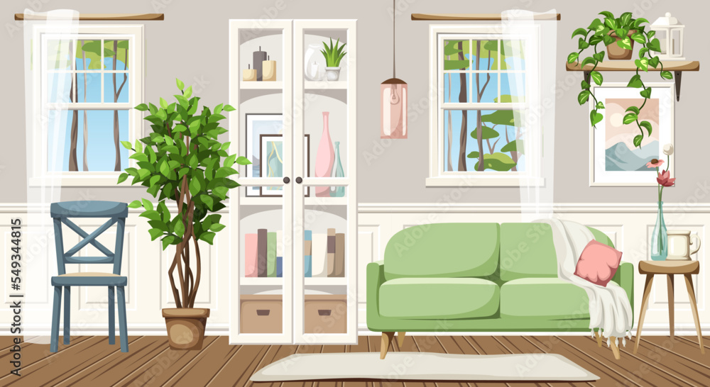 Beautiful room interior with a sofa, a white bookcase, two windows with ...