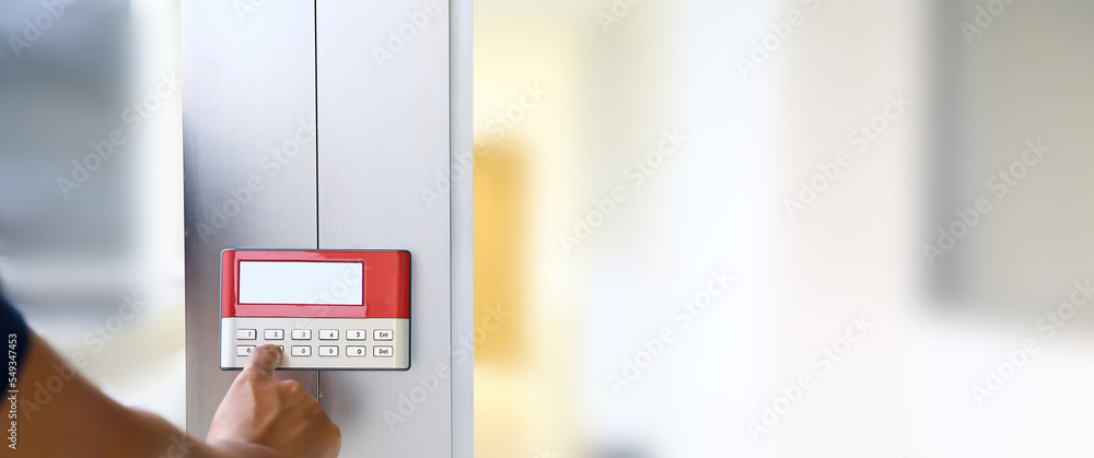 Proximity id card reader door unlock with hand security man press ...