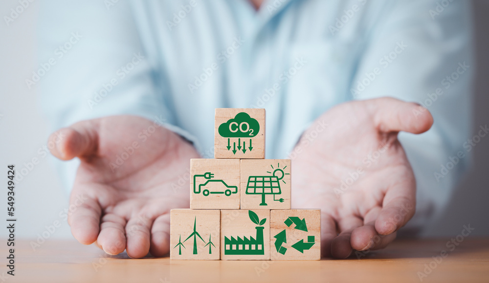 Businessman giving CO2 reducing ,Recycle ,Green factory icon for ...