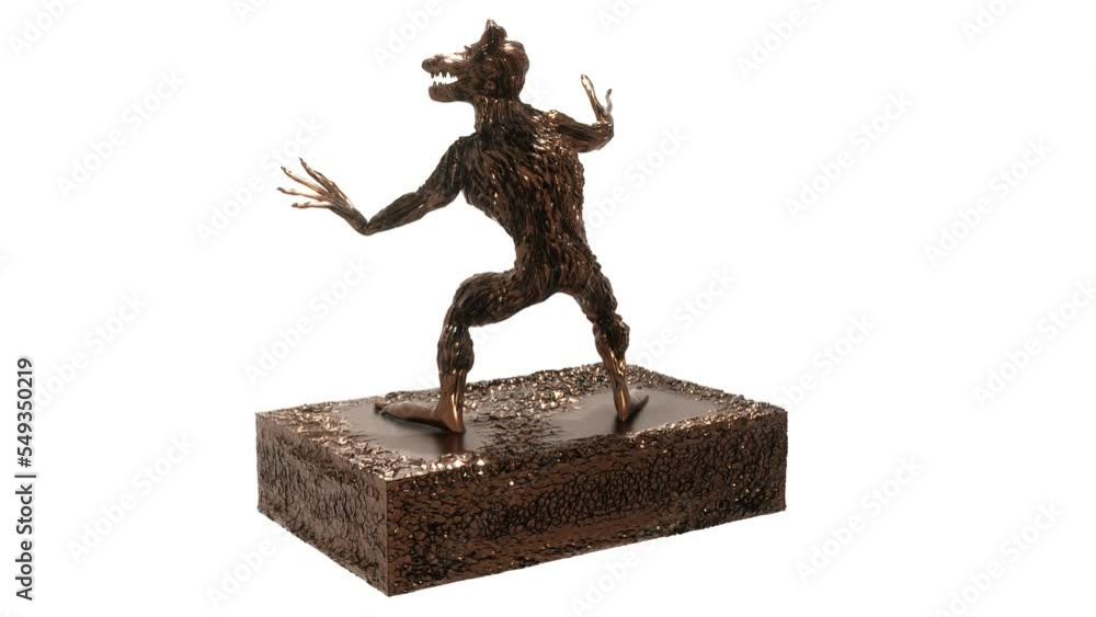 Video and 3d illustration of a shining, bronze metal sculpture of a ...