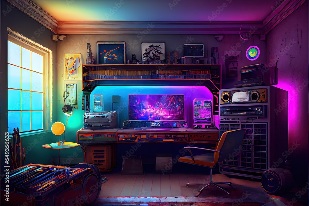 computer-generated image of interior of a colorful streaming studio ...