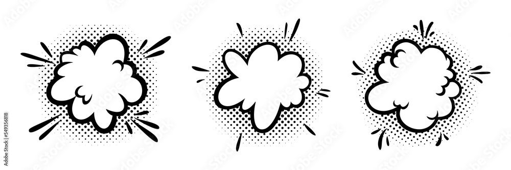 Comic boom effect clouds. Set of explosion bubbles and smoke. Vector illustration isolated on ...