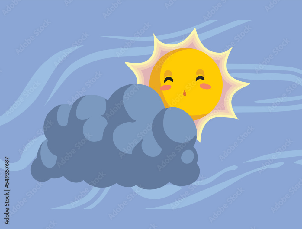Cartoon Sun Hiding Behind a Cloud Vector Weather Illustration. Gloomy ...